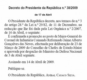 JAIME NEVES PROMOVIDO A MAJOR-GENERAL | Operacional